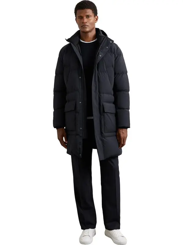 REISS Quilted Longline Puffer Jacket - Navy