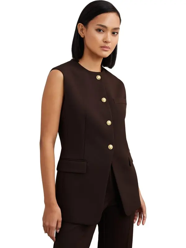 REISS Priya Longline Button-through Waistcoat - Chocolate Brown