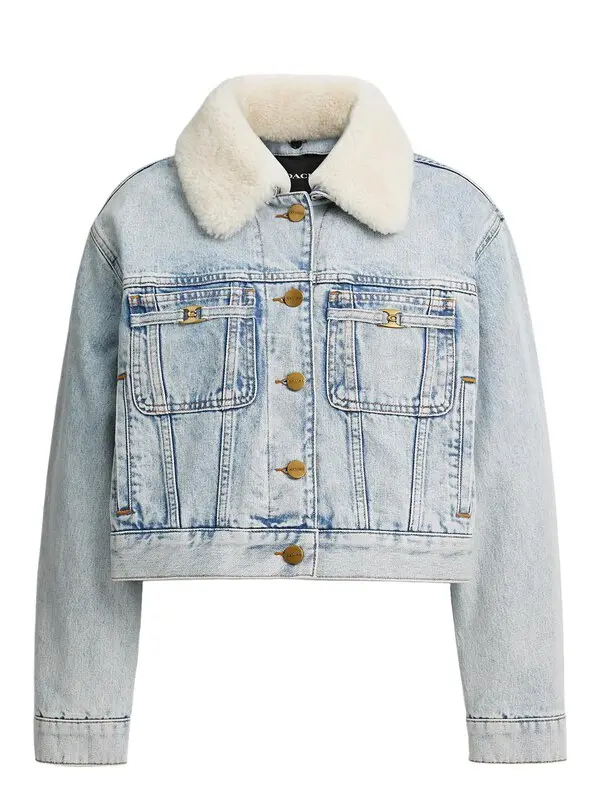Coach Cropped Heritage C Denim Trucker Jacket With Shearling Collar - Light Blue/denim