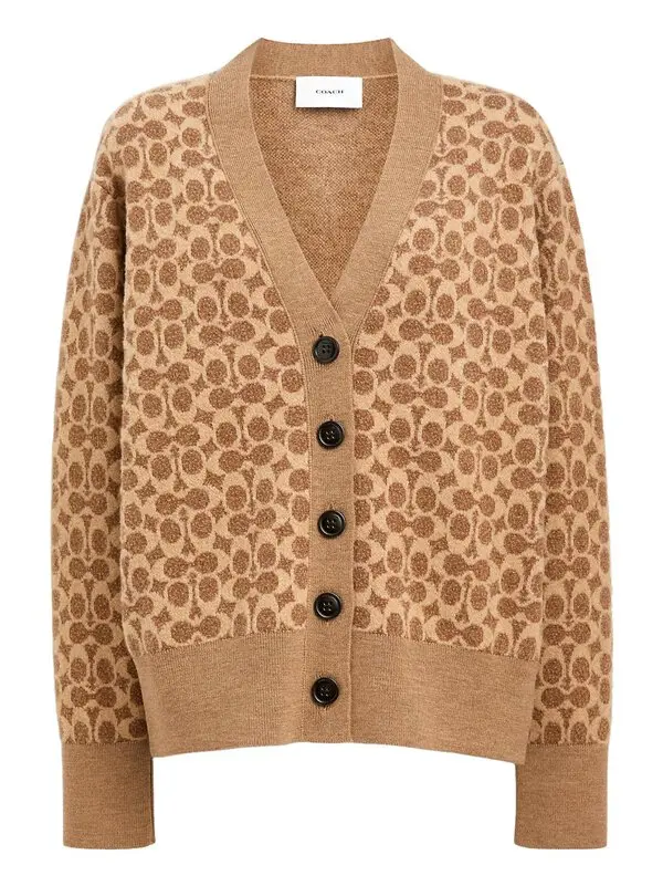 COACH Signature Relaxed V-neck Cardigan - Tan Signature