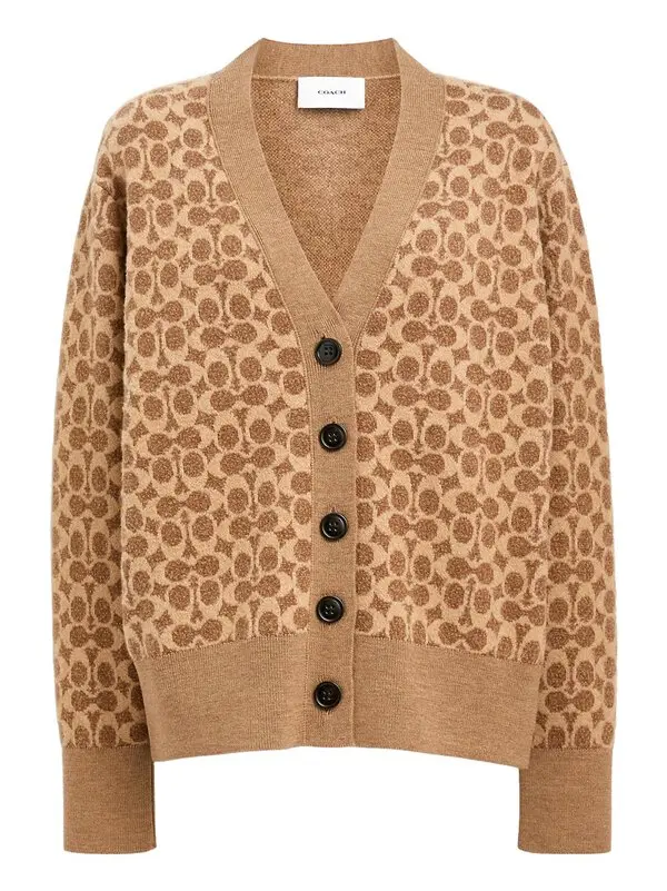 COACH Signature Relaxed V-neck Cardigan - Tan Signature