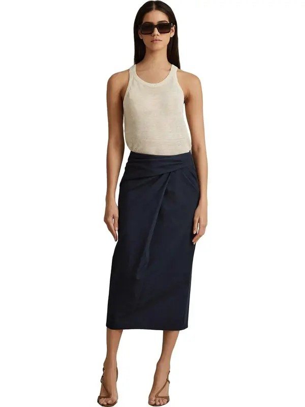 REISS Nadia Cotton Blend Midi Skirt - Navy