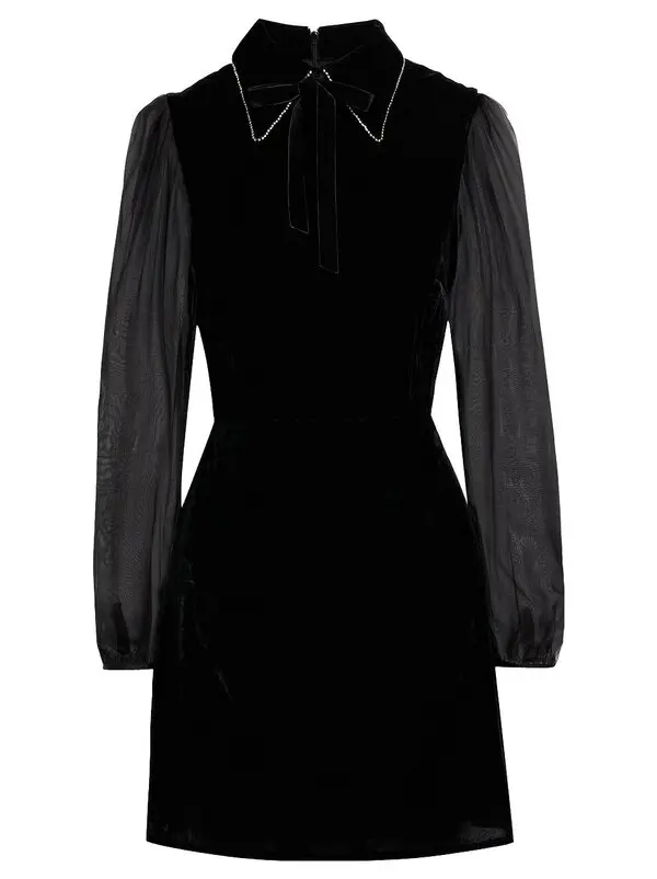 HVN Matilda Embellished Velvet Mini Shirt Dress - Black