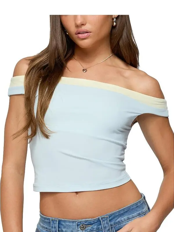 EDIKTED Strada Contrast Off Shoulder Top - Light Blue