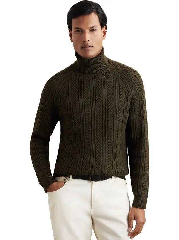 REISS Dartford Cable-knit Wool Jumper - Dark Olive Green