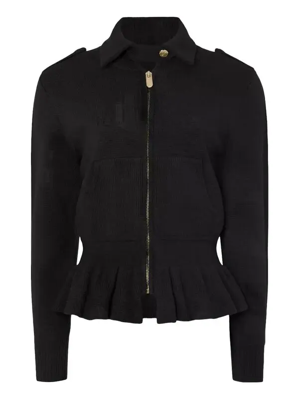 TEMPERLEY LONDON Ruffled Zip Napoleon Knit Jacket - Black