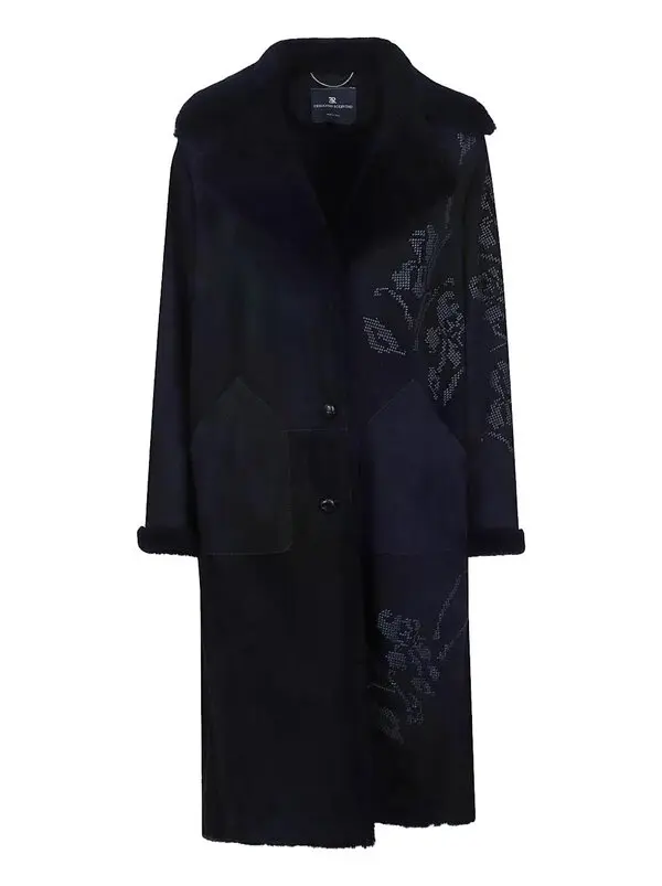 Ermanno Scervino Floral Embroidered Shearling Trimmed Coat - Blue