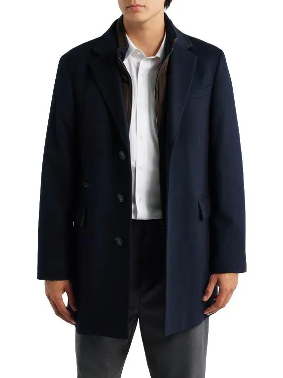 Hart Schaffner Marx Ellington Wool And Cashmere Overcoat With Quilted Faux Suede Bib - Navy