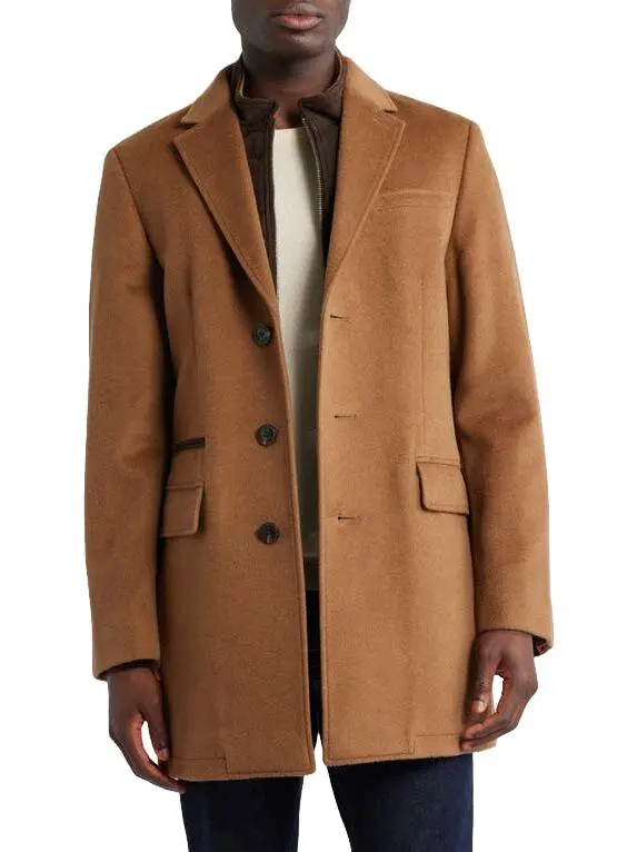 Hart Schaffner Marx Ellington Wool And Cashmere Overcoat With Quilted Faux Suede Bib - Vicuna