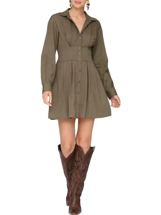 Avec Les Filles Corseted Long Sleeve Shirt Dress - Bayleaf