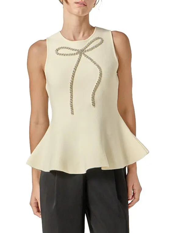 English Factory Rhinestone Bow Peplum Top - Cream