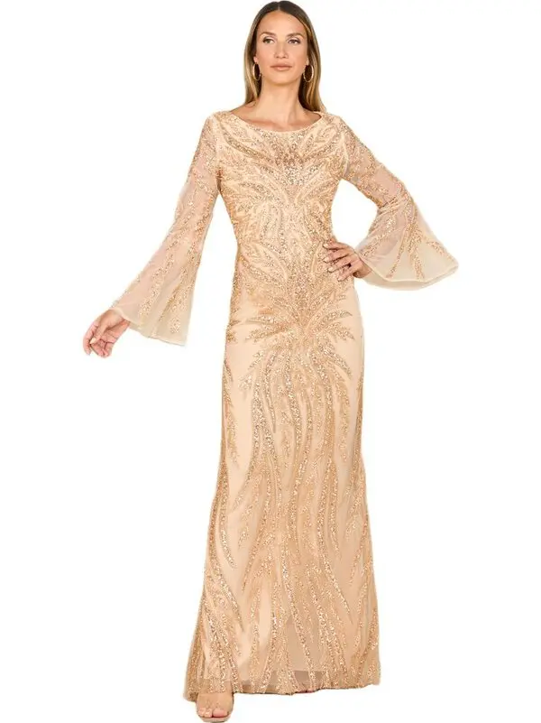 LARA NEW YORK High Neck Beaded Dress With Bell Sleeves - Champagne