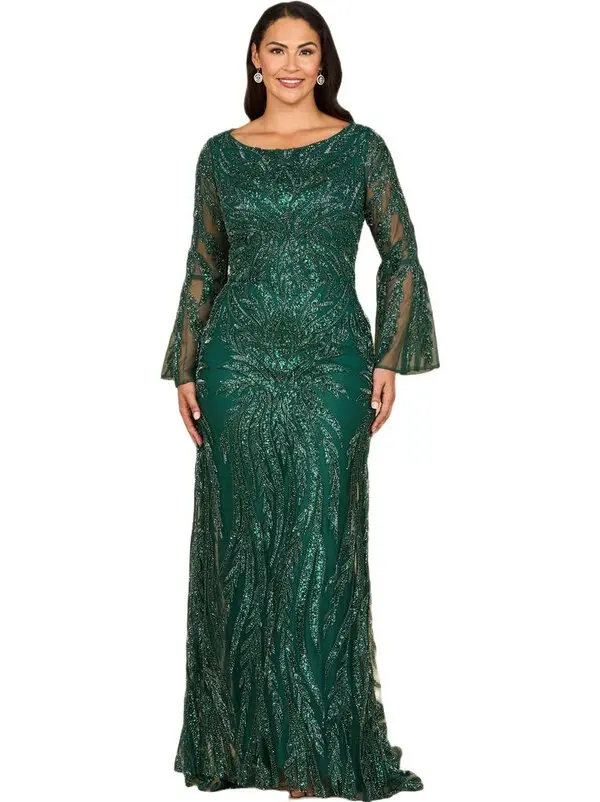 LARA NEW YORK High Neck Beaded Dress With Bell Sleeves - Dark Green