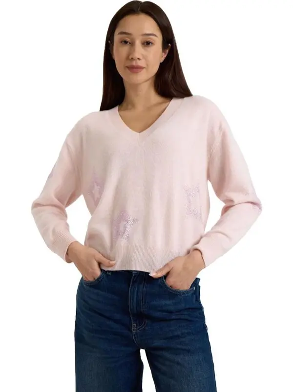 BRODIE CASHMERE Star Dust Long Sleeve V-neck Jumper - Quartz Pink