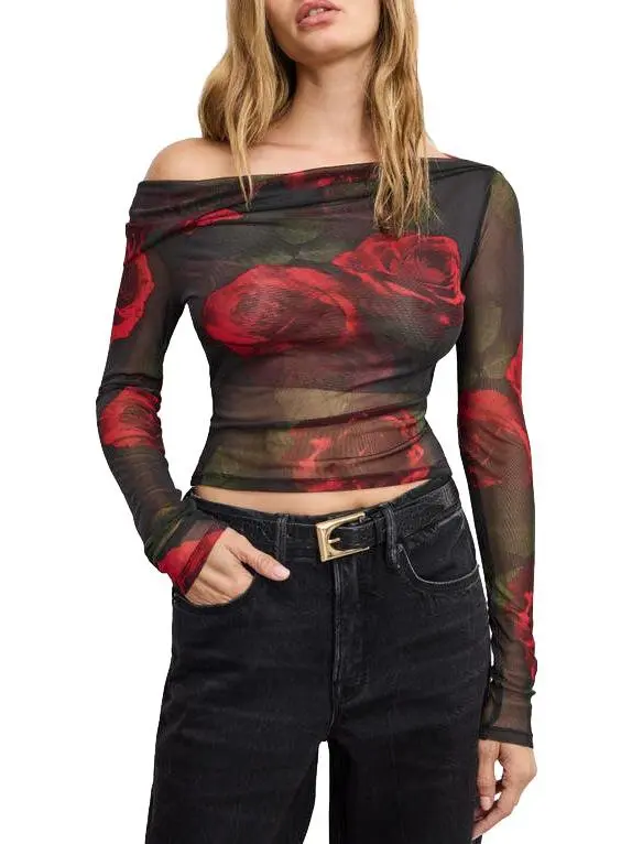 Good American Ruched One-shoulder Mesh Top - Moody Red Roses001