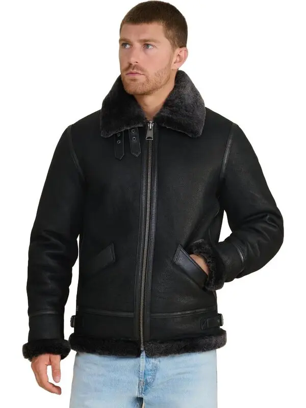 FURNIQ UK Shearling Aviator Jacket - Black/brissa Wool