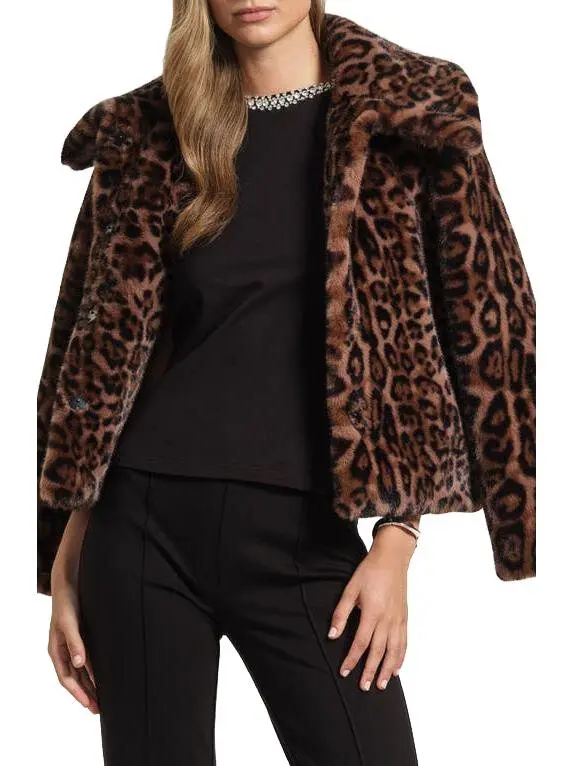 ISAAC MIZRAHI NEW YORK Oversized Collar Faux Fur Jacket - Chocolate Leopard