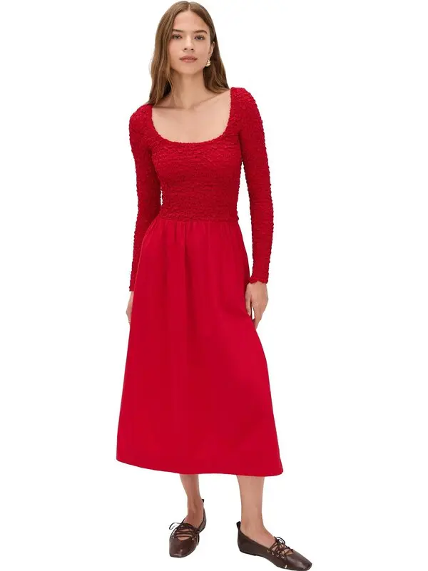 DAMSON MADDER Malinda Smocked Midi Dress - Red