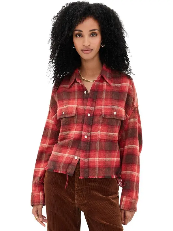 R13 Cropped Work Flannel Shirt - Red/black/cream Plaid