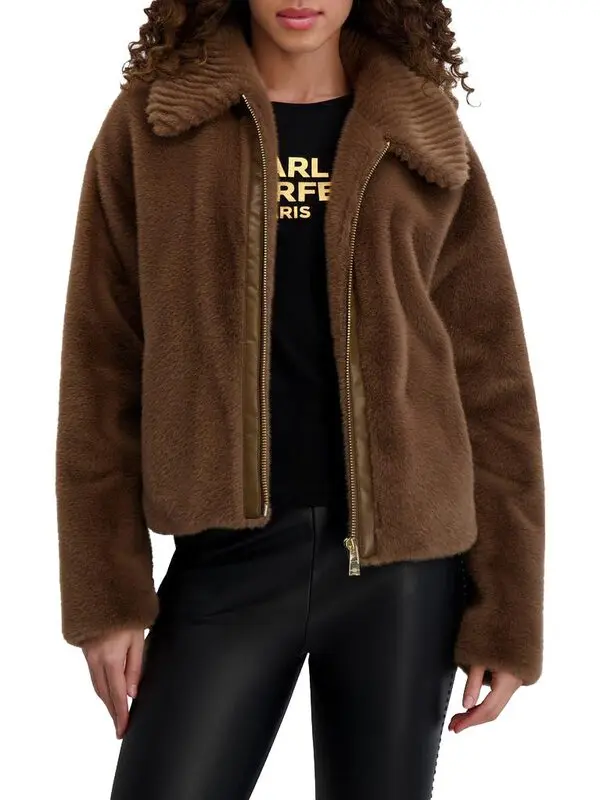 Karl Lagerfeld Paris Grooved Faux Fur Jacket - Brown