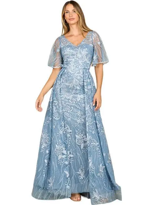 LARA NEW YORK Lace Gown With Overskirt And Cape Sleeves - Blue