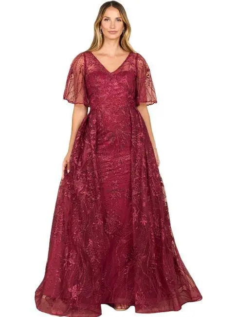 LARA NEW YORK Lace Gown With Overskirt And Cape Sleeves - Dark Fushsia