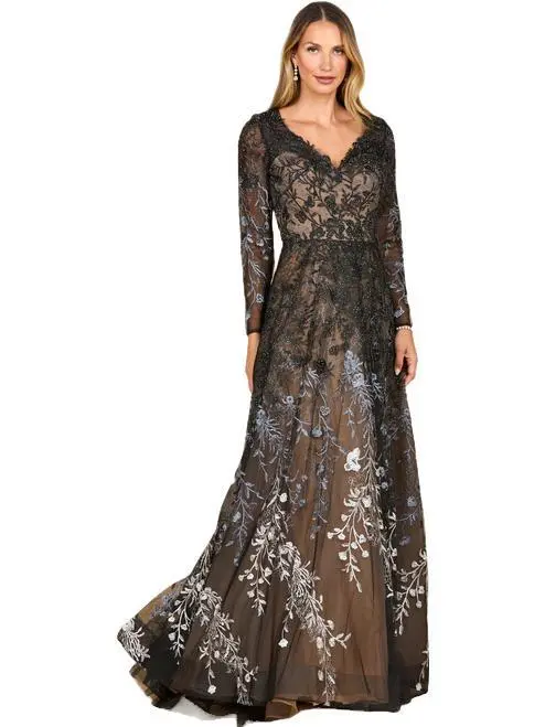 LARA NEW YORK Ombre Lace Gown - Black Ombre
