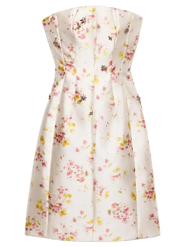 Prada Floral Print Silk And Wool Strapless Dress - Pink