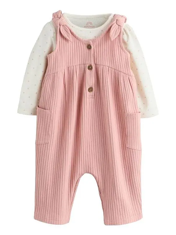 NEXT Long Sleeve Bodysuit & Ribbed Overalls Set - Pink