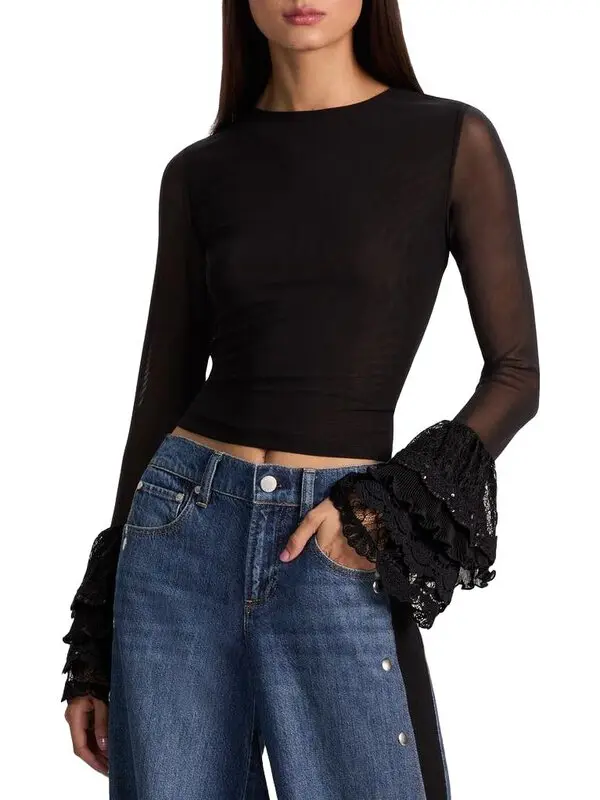 Alice + Olivia Delania Mesh Ruffle Cuff Top - Black