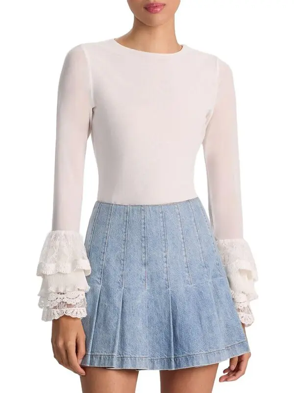 Alice + Olivia Delania Mesh Ruffle Cuff Top - Off White