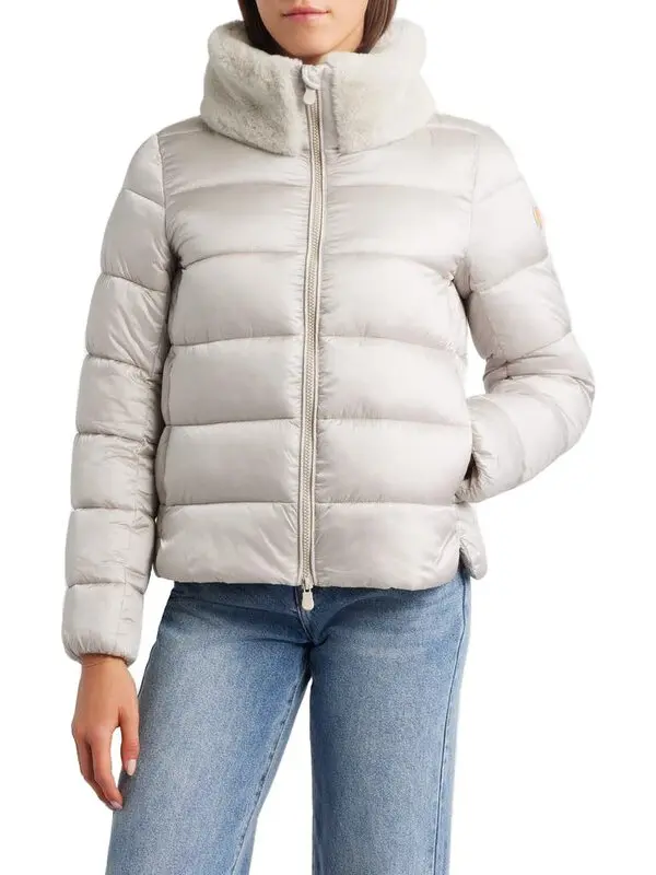 SAVE THE DUCK Mei Faux Fur Collar Quilted Jacket - Rainy Beige