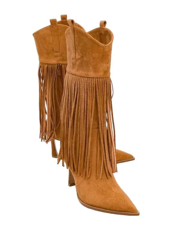PROLOGUE SHOES Fringe Pointed Toe Boots - Cognac Suede Faux Leather