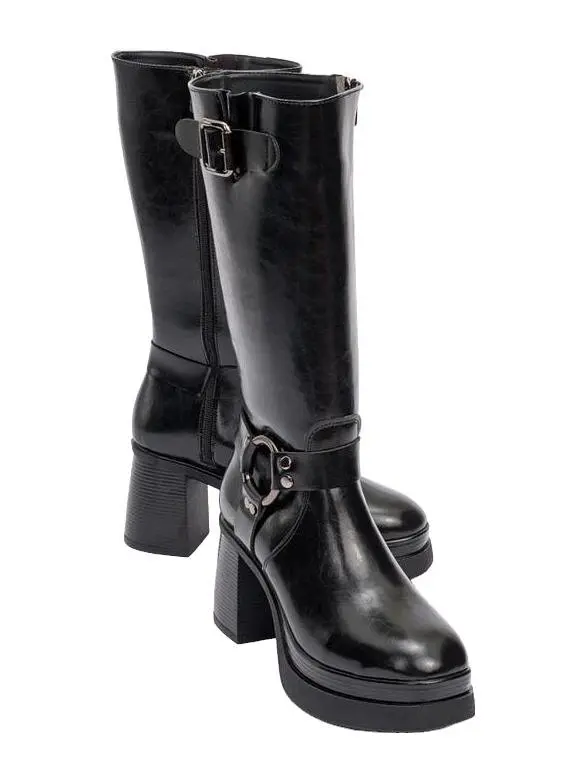 PROLOGUE SHOES Block Heel Boots With Buckle And Zip - Black Faux Leather
