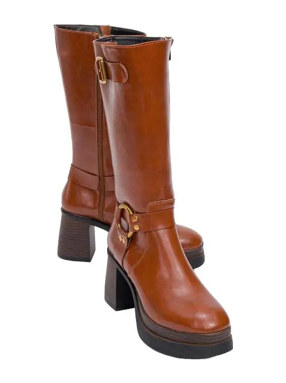 PROLOGUE SHOES Block Heel Boots With Buckle And Zip - Cognac Faux Leather