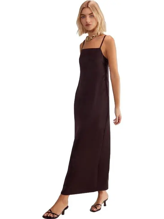 Nasty Gal Satin Square Neck Maxi Slip Dress - Chocolate