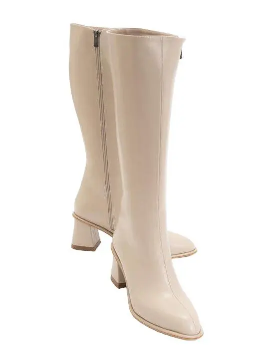 PROLOGUE SHOES Paradis Block Heel Knee High Boots - Beige Faux Leather