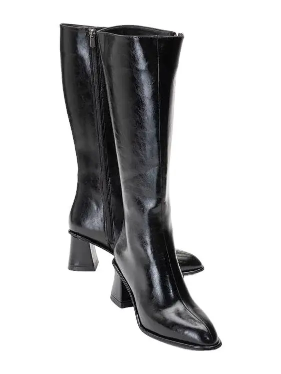 PROLOGUE SHOES Paradis Block Heel Knee High Boots - Black Faux Leather