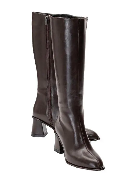 PROLOGUE SHOES Paradis Block Heel Knee High Boots - Brown Faux Leather
