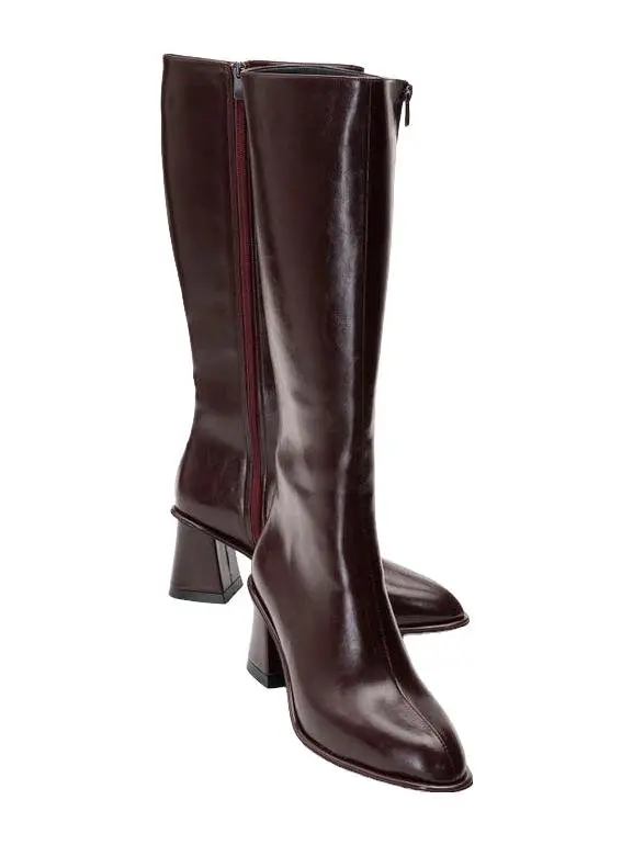 PROLOGUE SHOES Paradis Block Heel Knee High Boots - Burgundy Faux Leather