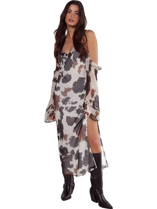 Nasty Gal Cold Shoulder Printed Maxi Dress With Slit - Brown