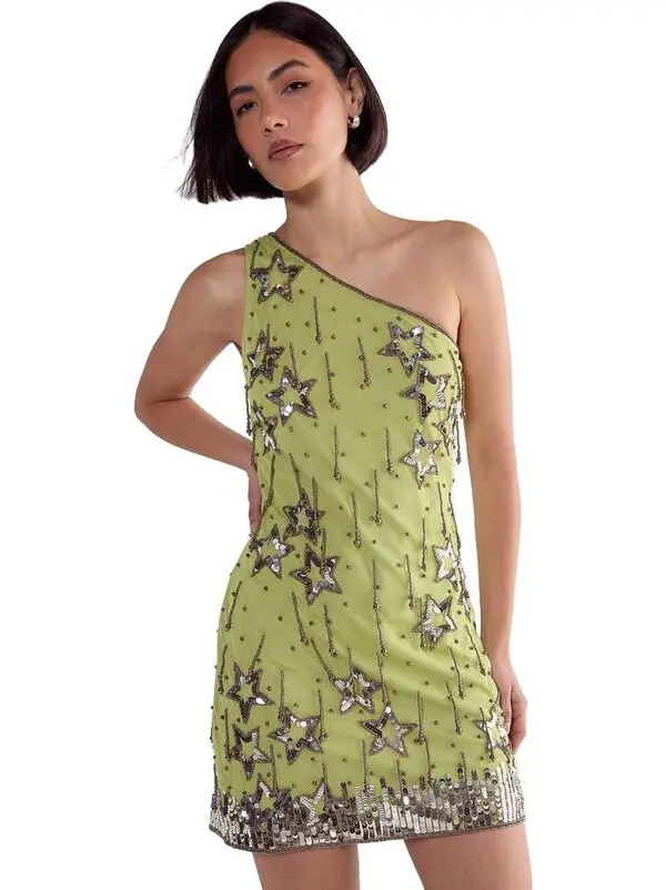 Nasty Gal Asymmetrical One-shoulder Sequin Mini Dress With Tassels - Lime