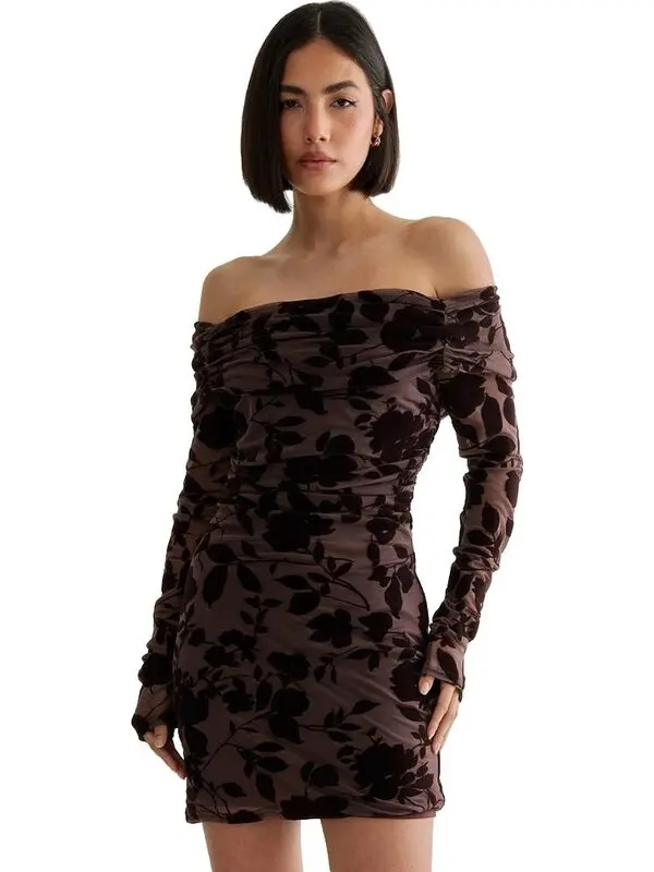 Nasty Gal Floral Devore Ruched Mini Dress - Chocolate