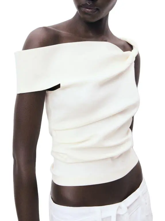 Mango Pleated One-shoulder Top - Ecru
