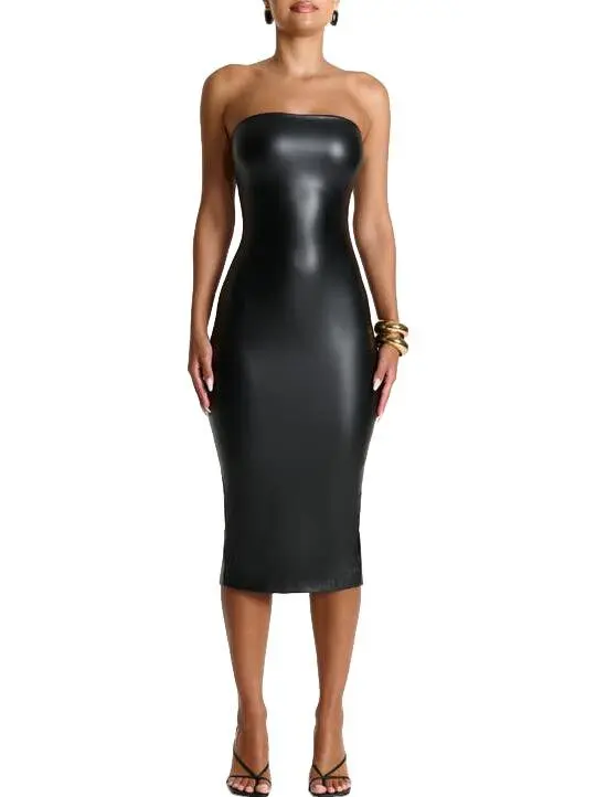 Naked Wardrobe Strapless Faux Leather Midi Dress - Black