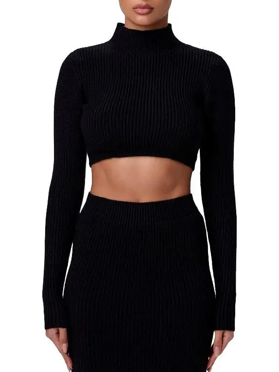Naked Wardrobe Ribbed Mock Neck Crop Sweater - Black
