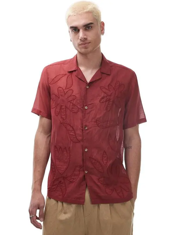 Topman Sheer Embroide Camp Shirt - Red