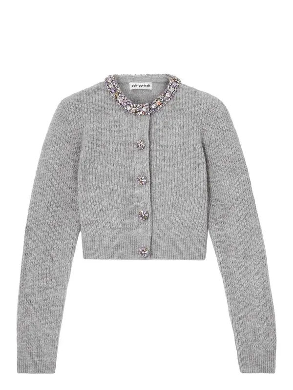 SELF-PORTRAIT Crystal-embellished Ribbed-knit Cardigan - Gray