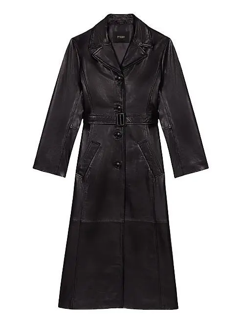 Maje Long Belted Leather Trench Coat - Black