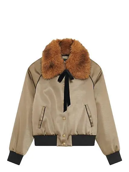 The Kooples Faux Fur-collar Satin Jacket - Kaki